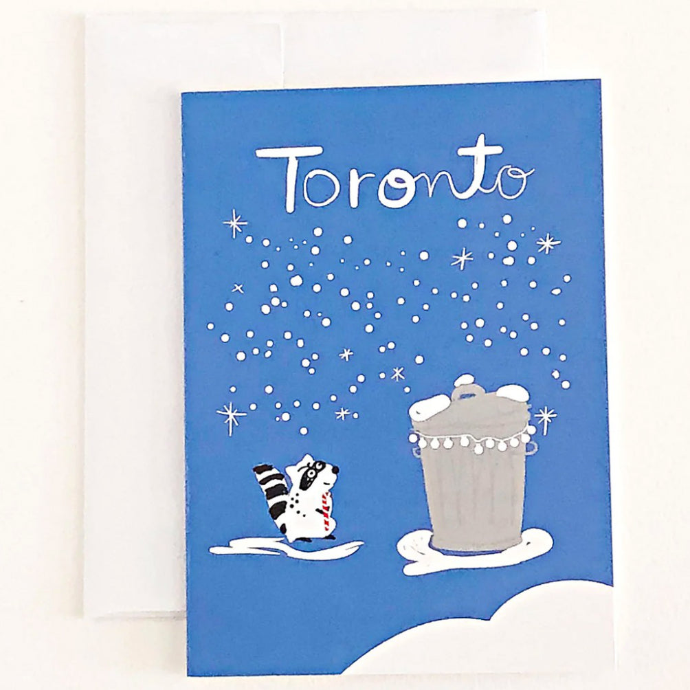 Raccoon & Garbage Can Toronto Christmas Card | Wendy Tancock – Outer Layer