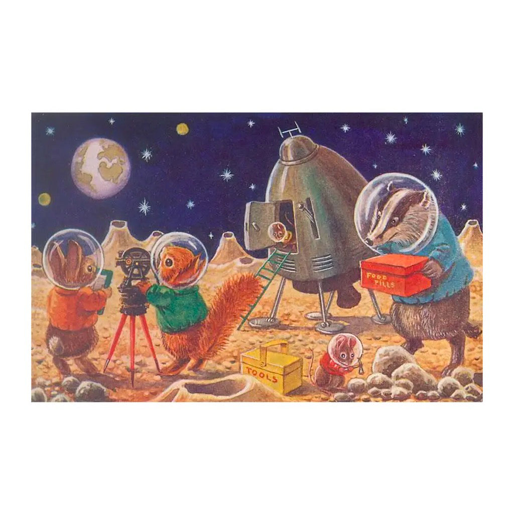 Woodland Creatures on the Moon Postcard | Found Image Press – Outer Layer